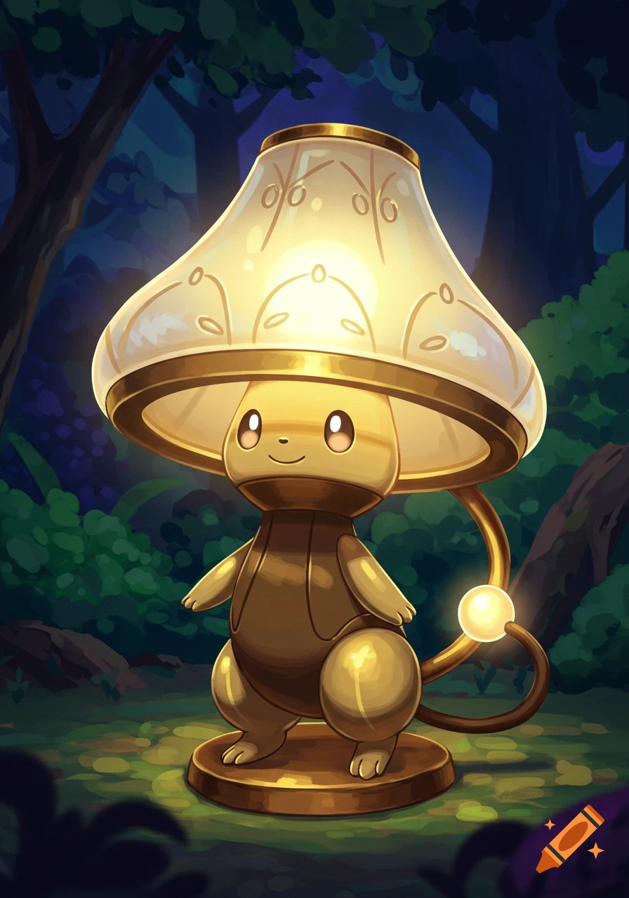 A cartoon lamp-like creature in a forest clearing, glowing brightly. on ...