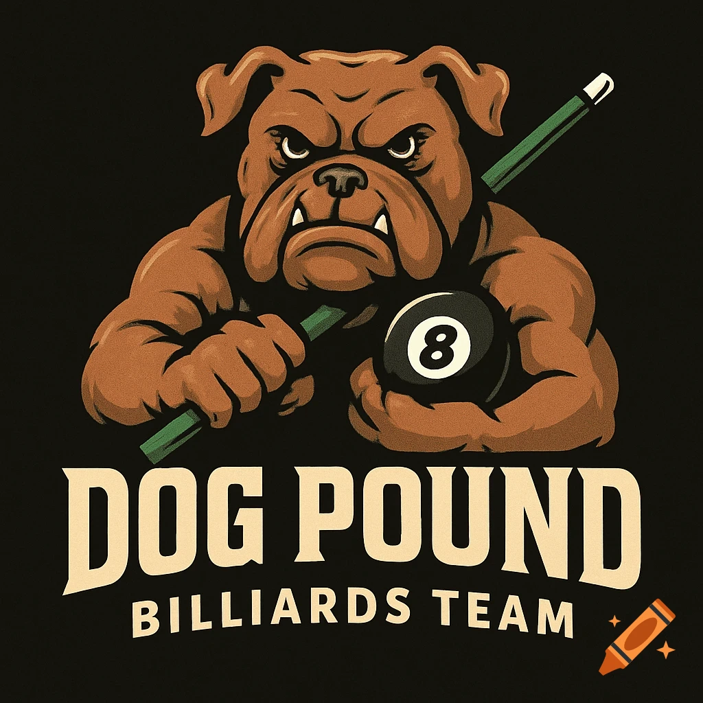 A stylized illustration of a brown bulldog holding a pool cue and 8 ...