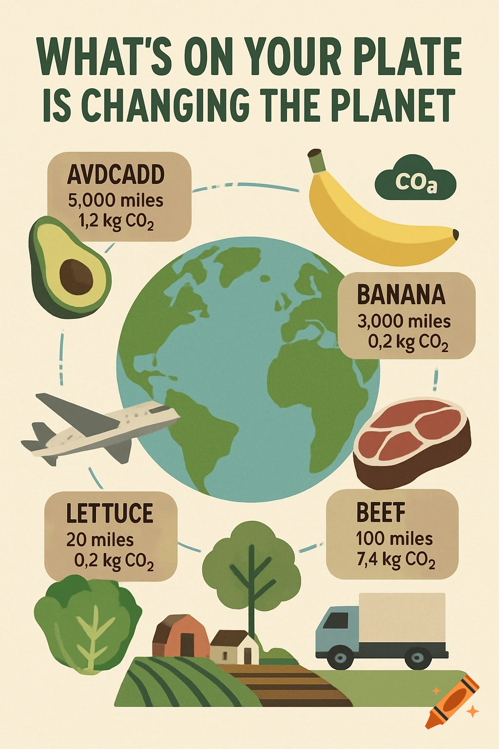 Infographic showing Earth, food items (avocado, banana, beef, lettuce ...