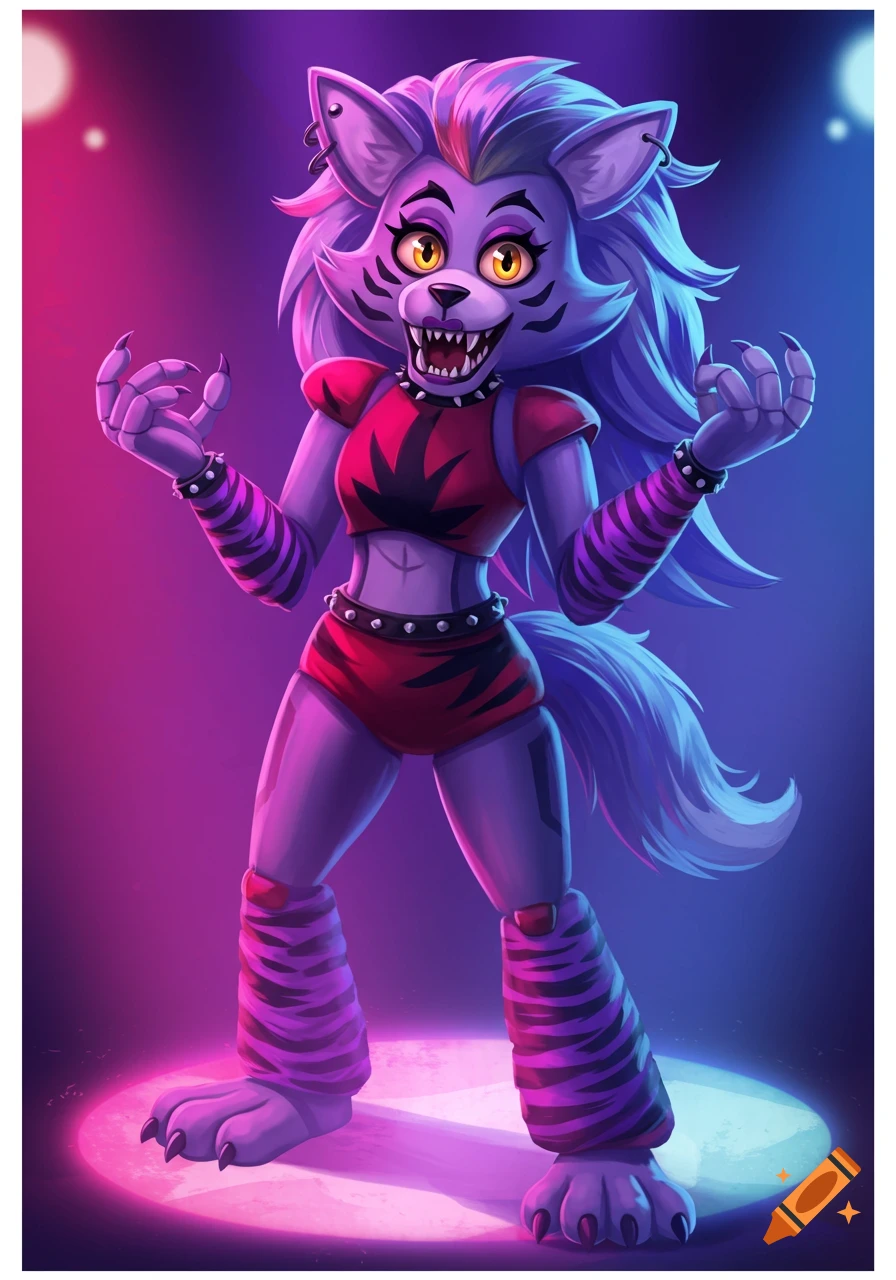 A cartoon wolf character, possibly Roxanne Wolf from FNaF, stands on a ...