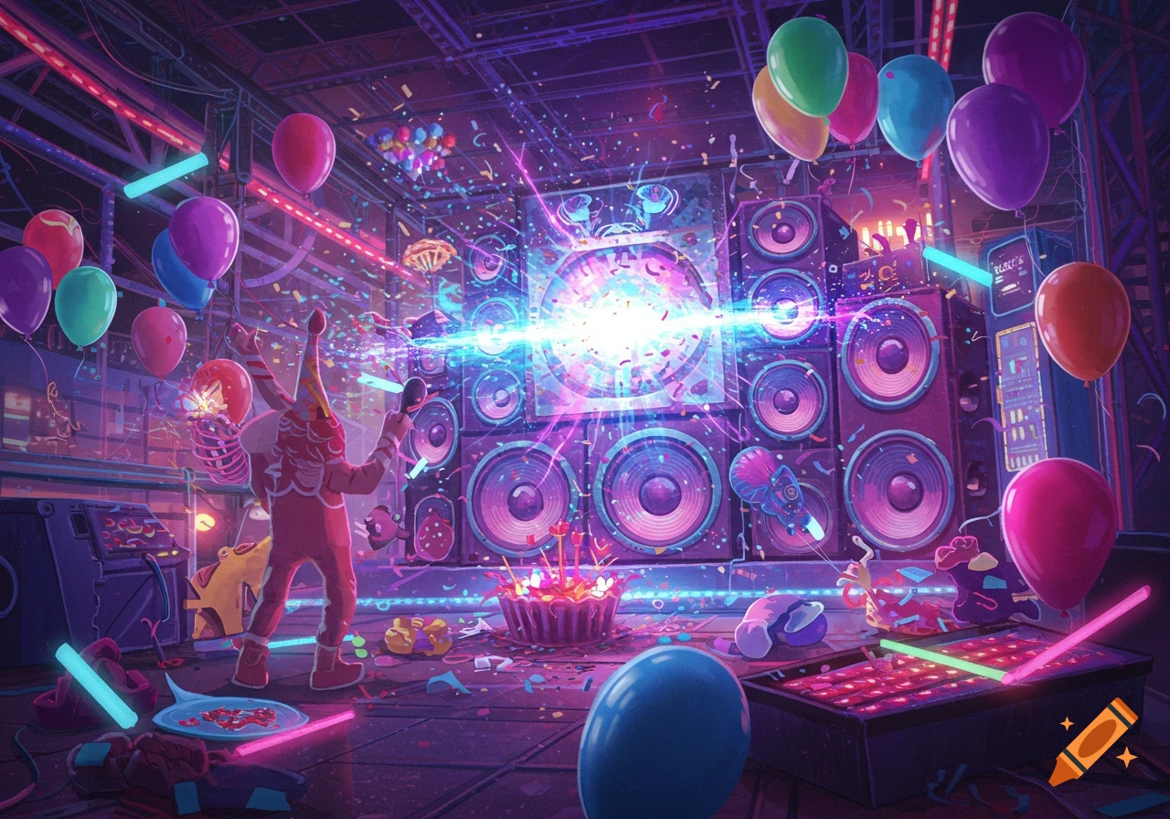 A colorful, chaotic dubstep birthday party with large speakers and a ...