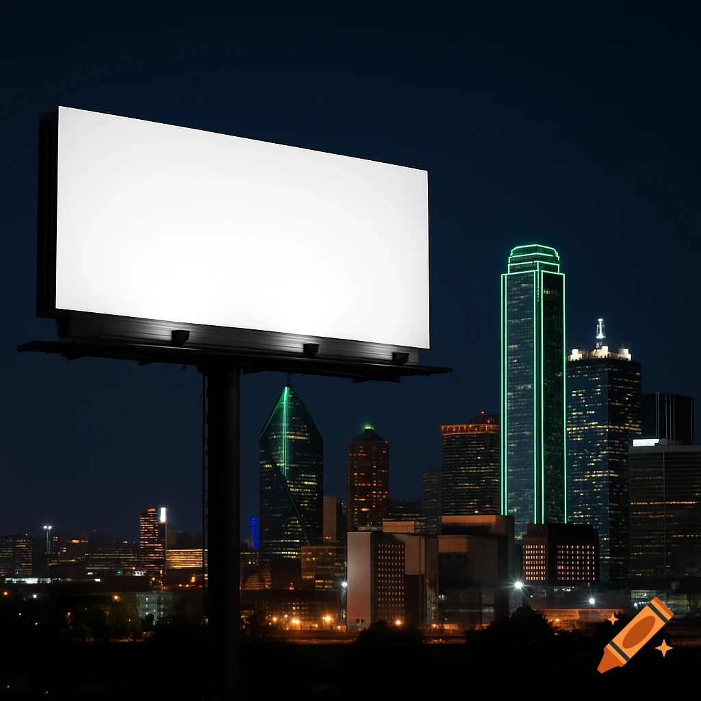 A blank billboard stands before the Dallas skyline at night. on Craiyon