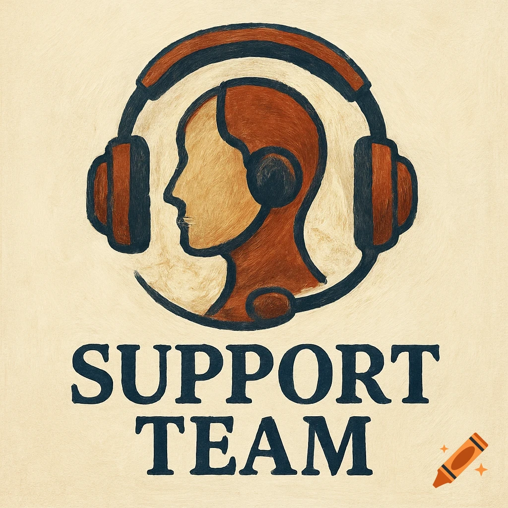 Stylized support team logo with head wearing headphones and text. on ...