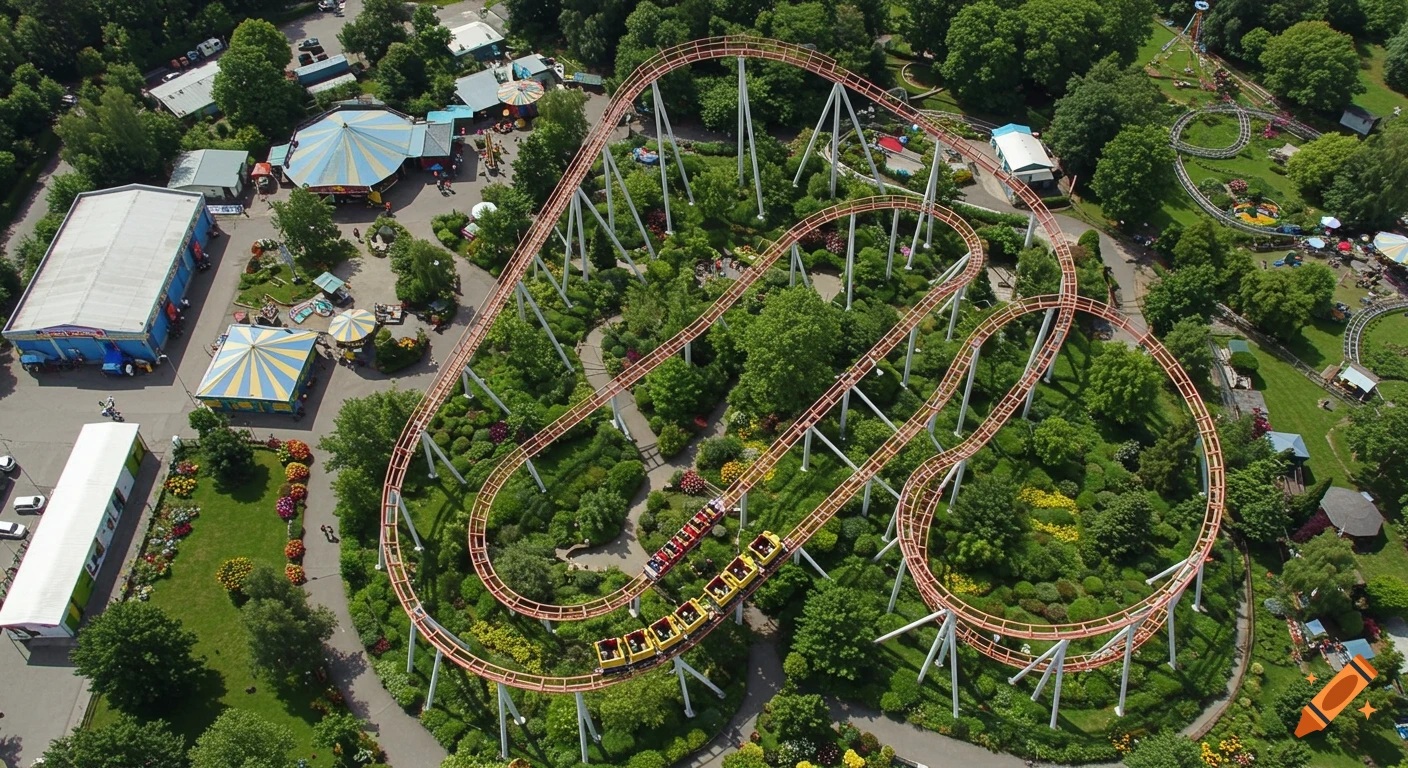 Aerial view of a roller coaster winding through trees and flowerbeds in ...