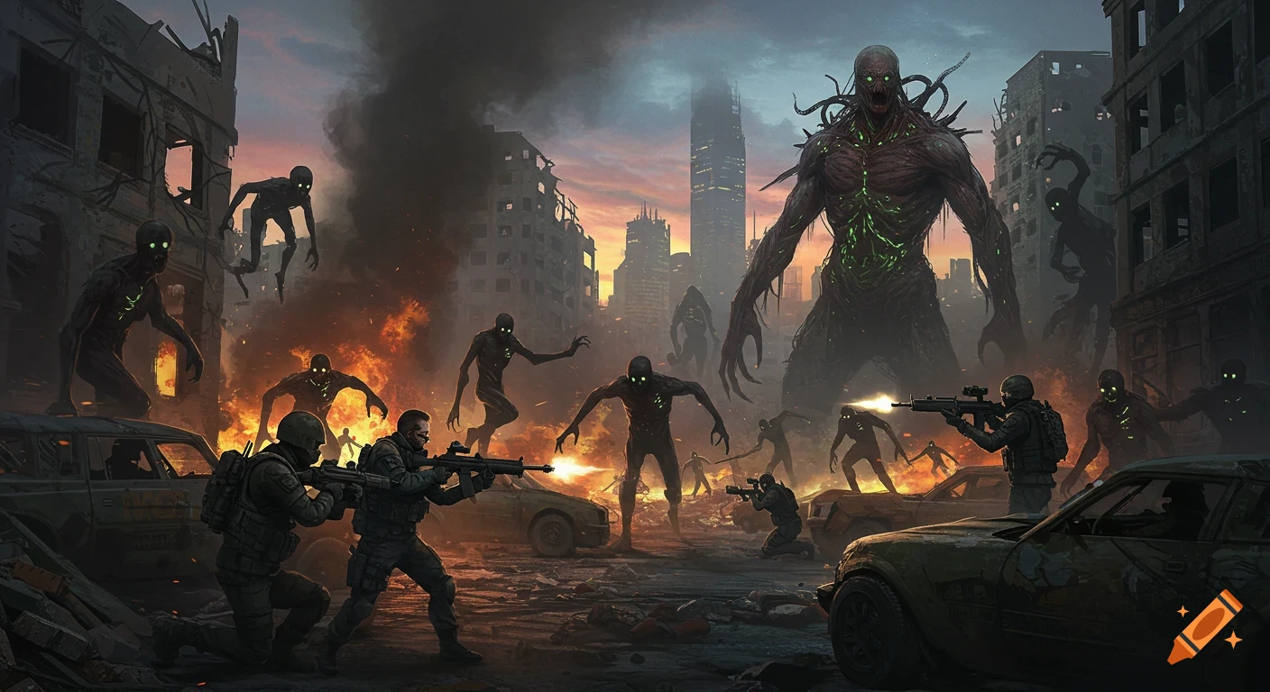 Soldiers fight grotesque mutant creatures in a destroyed city at dusk ...