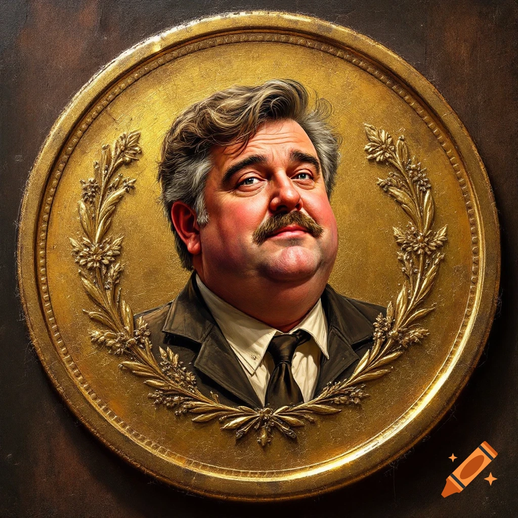 A portrait of John Candy on a gold coin framed by a wreath. on Craiyon