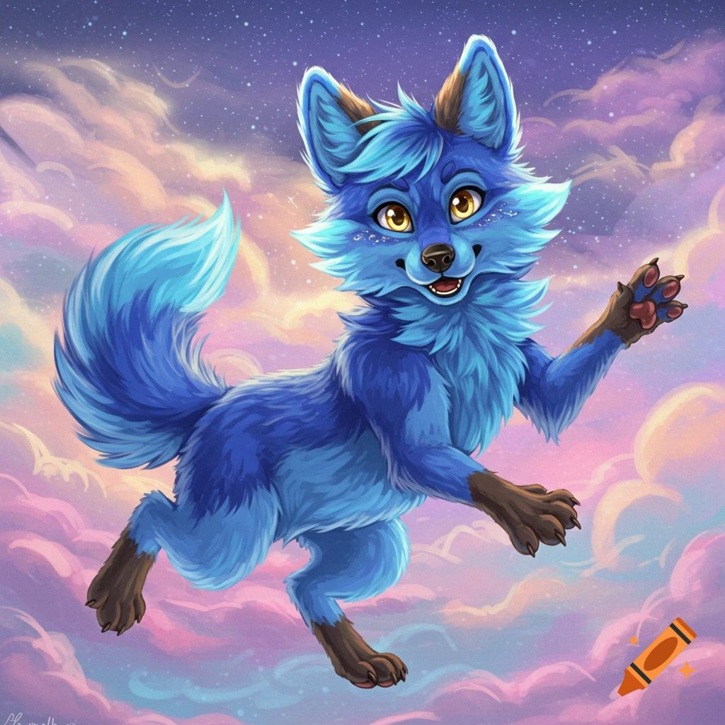 A blue furry creature flies through pastel clouds under a starry sky ...