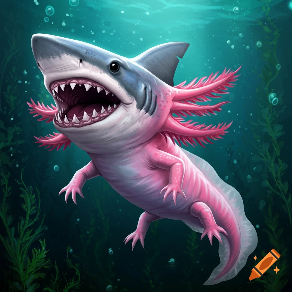A cartoon illustration of a shark-axolotl hybrid creature swimming ...