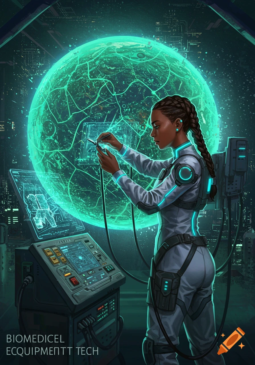 A scientist works on a high-tech console with a large glowing network ...