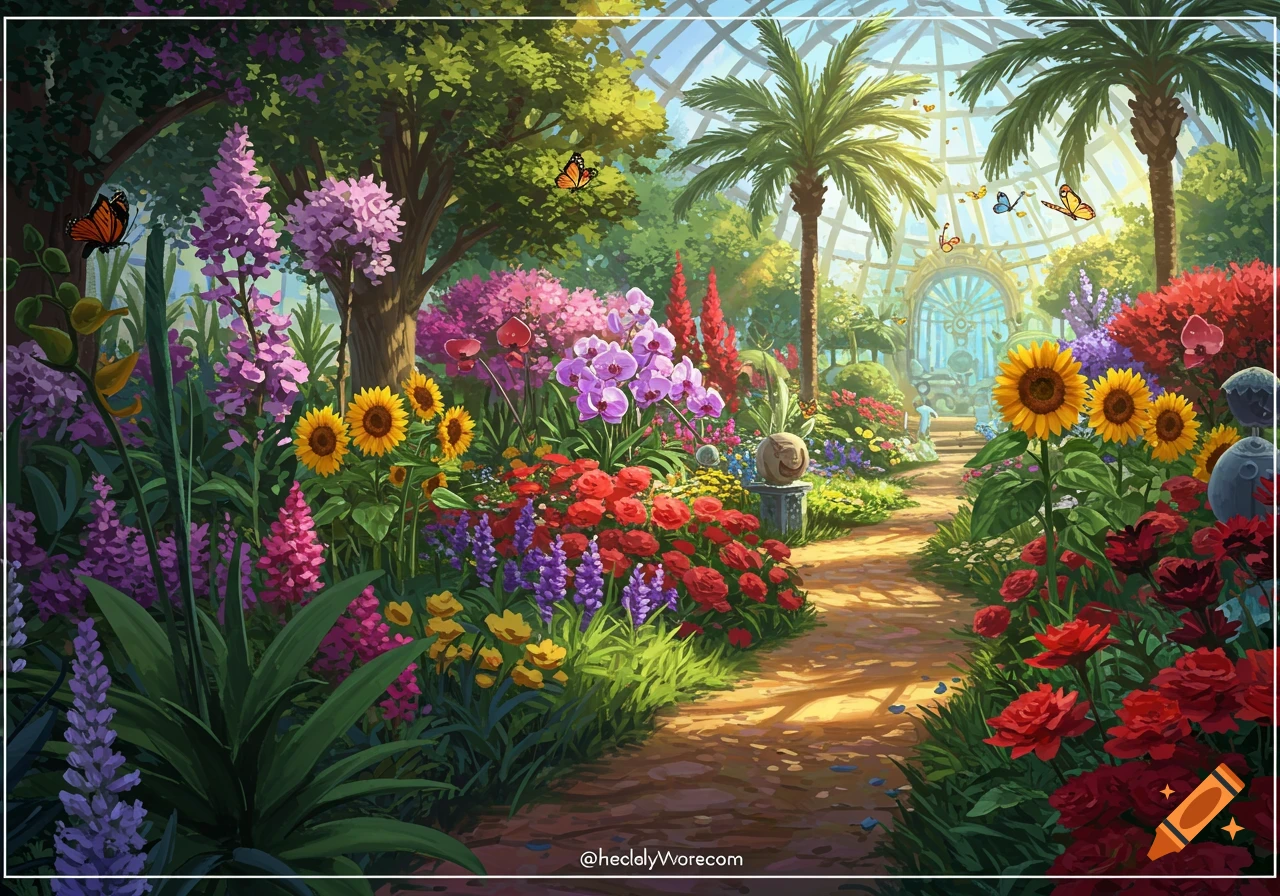 Colorful botanical garden path with flowers, palm trees, butterflies ...