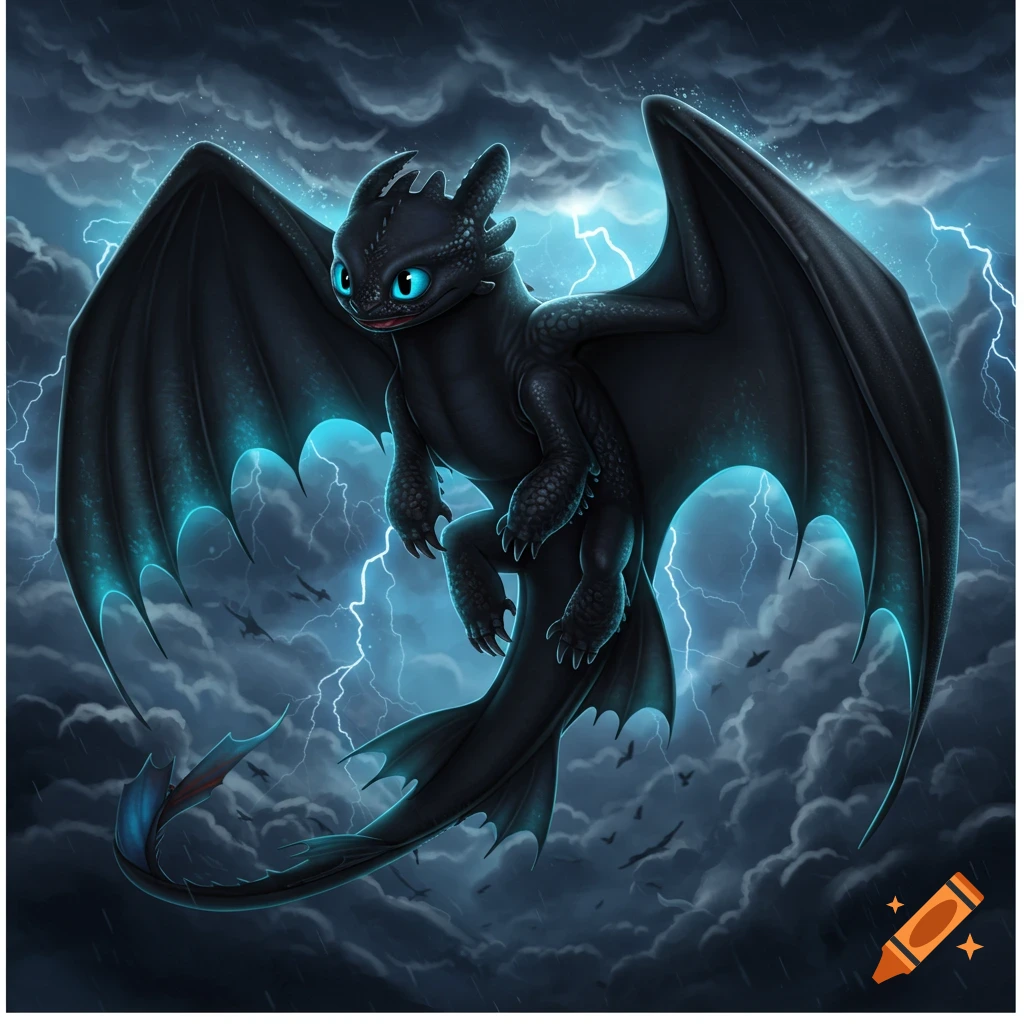 Digital art of the black dragon Toothless flying through a lightning ...