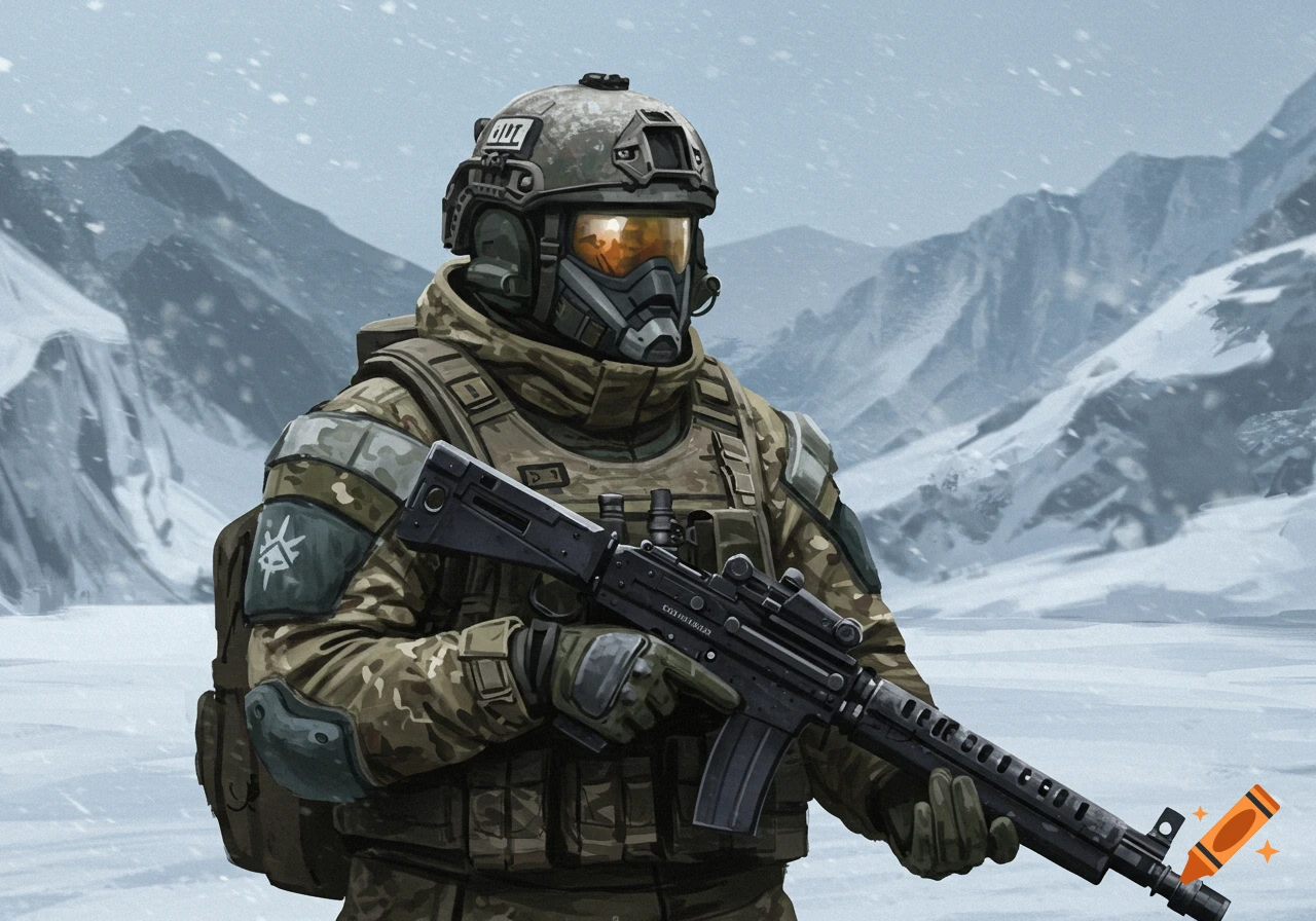 Illustration of a soldier in modern camo gear, helmet, and rifle ...