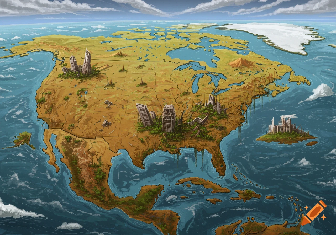 Illustration of post-apocalyptic North America map with destroyed ...