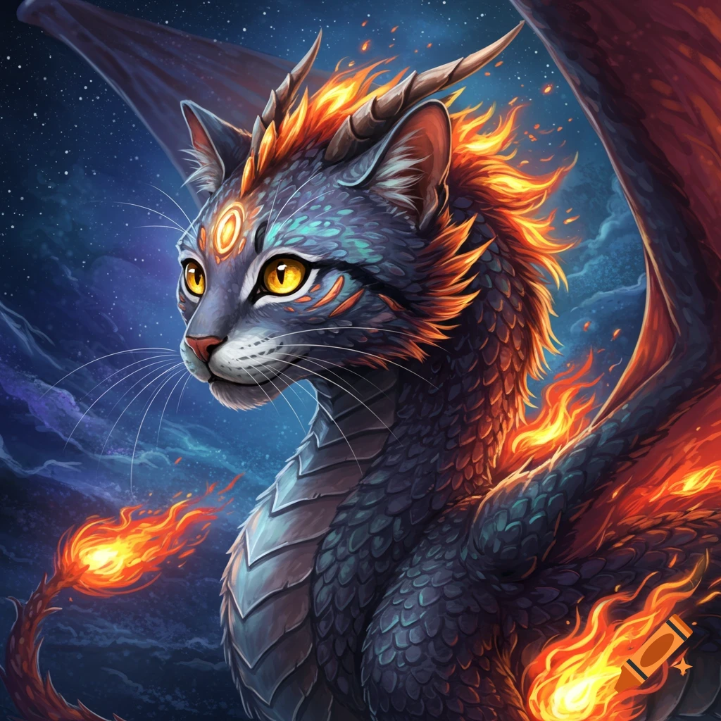 Illustration of a fantasy cat-dragon creature with scales, horns, wings ...