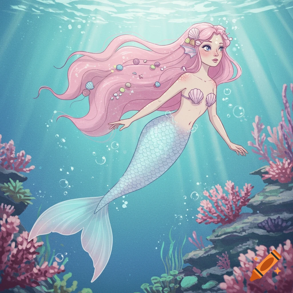 An illustration of a pink-haired mermaid swimming underwater near coral ...
