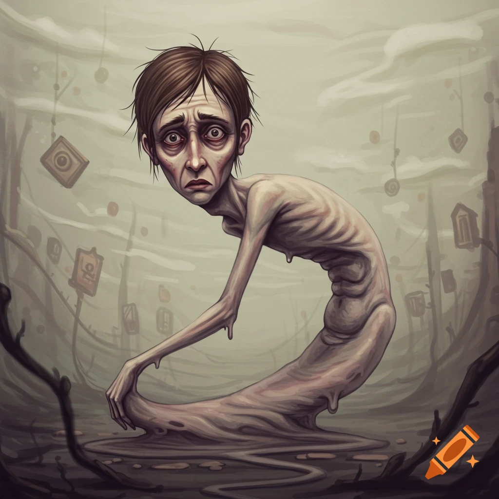 Stylized rendering of an emaciated figure melting into the ground in a ...