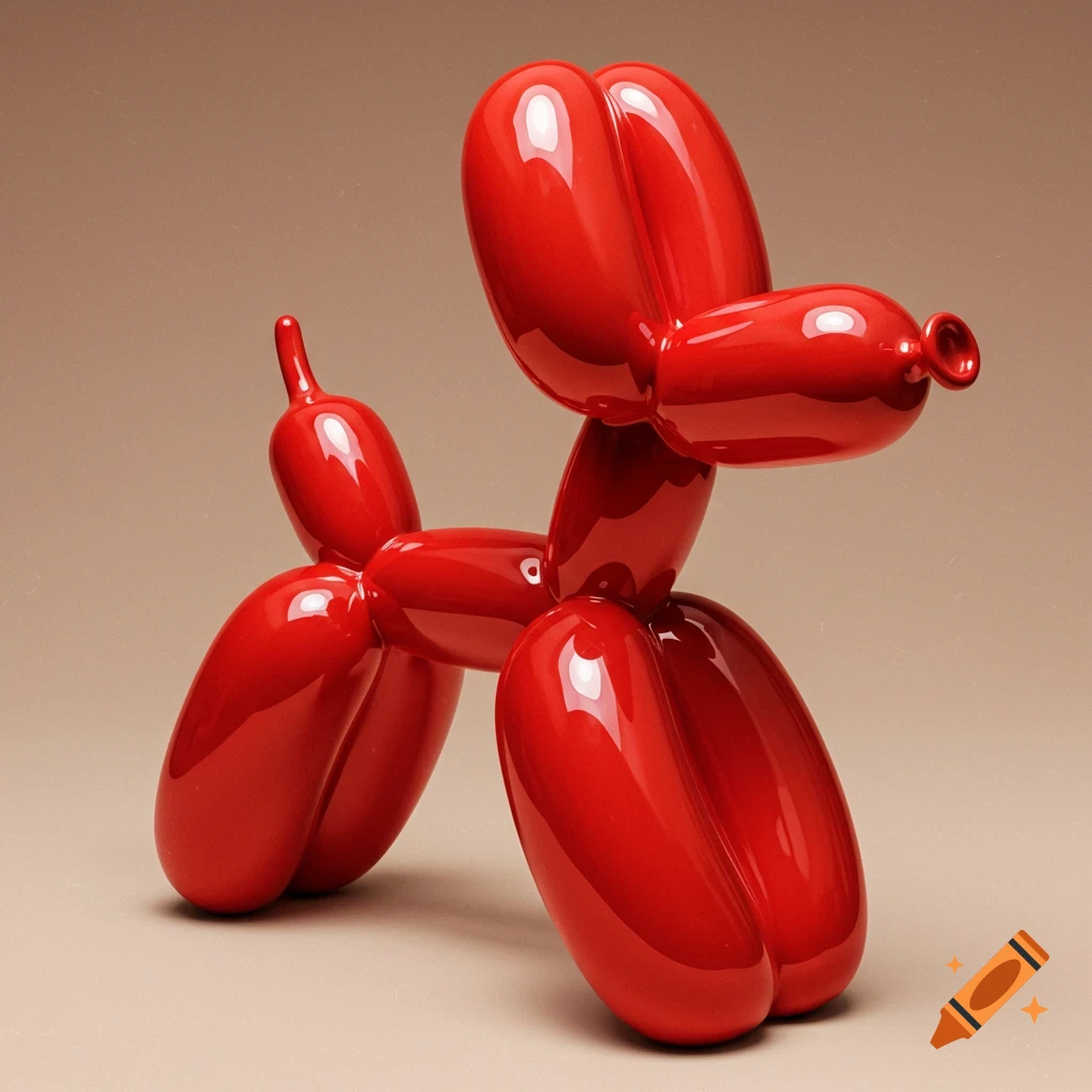 A shiny red balloon dog statue stands on a tan background. on Craiyon