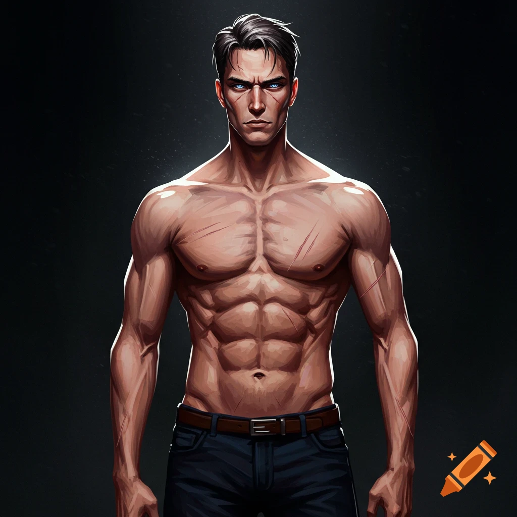 Illustration of a muscular man with scars looking forward on Craiyon