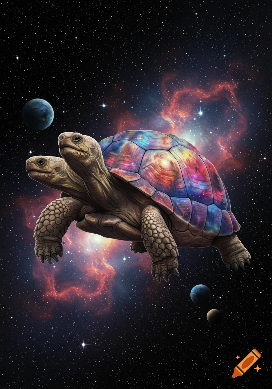 A two-headed tortoise with a colorful, cosmic shell floats in space ...