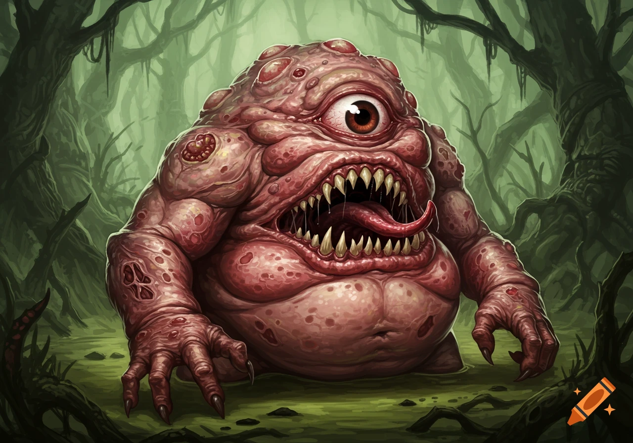 A grotesque, bloated one-eyed monster with sharp teeth and claws stands ...