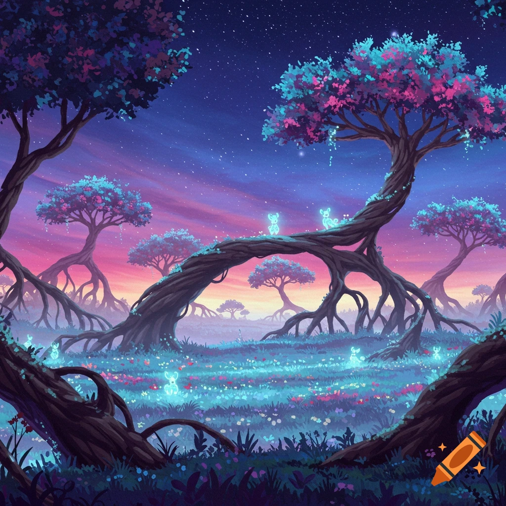 Fantasy landscape with glowing trees, creatures, flowers, and a starry ...