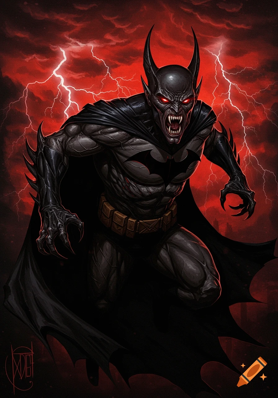 Stylized illustration of a monstrous Batman with fangs and claws ...