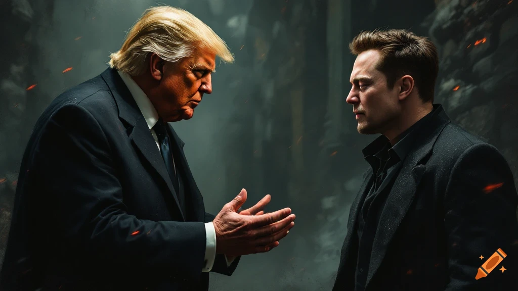 Donald Trump and Elon Musk face off in a dark, dramatic setting with ...