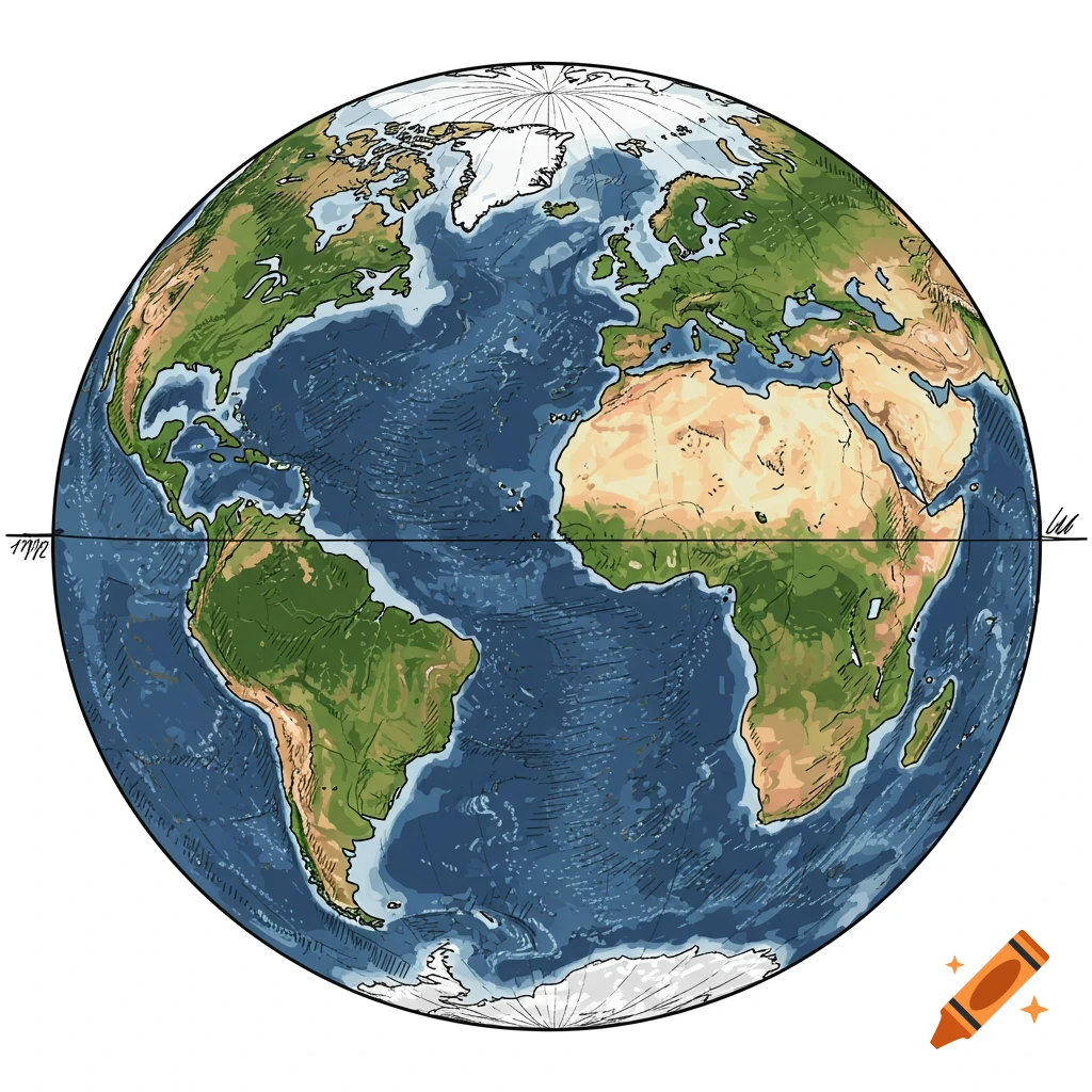 Sketch style map of the Earth centered on the Atlantic Ocean on Craiyon