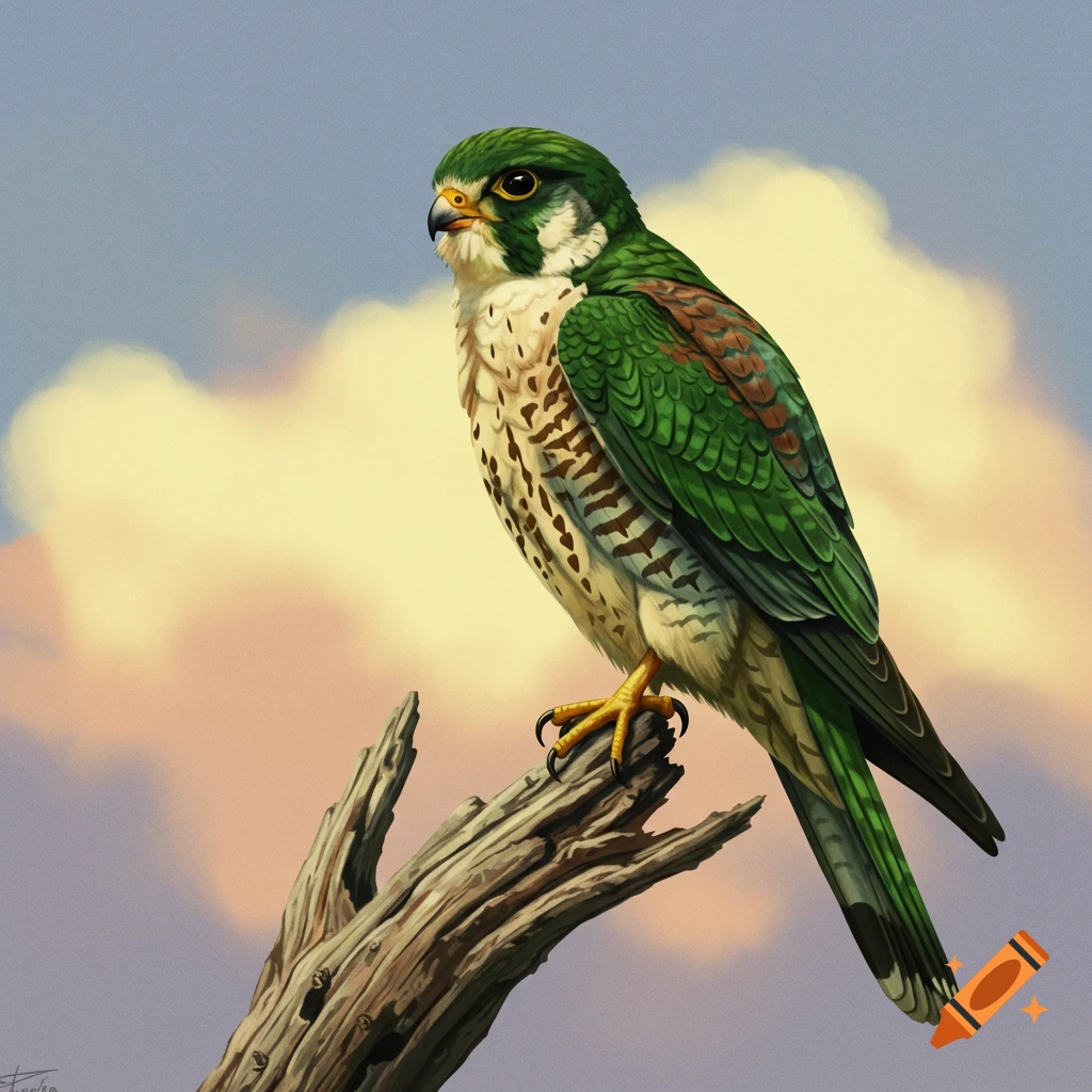 A detailed illustration of a green falcon with brown highlights perched ...
