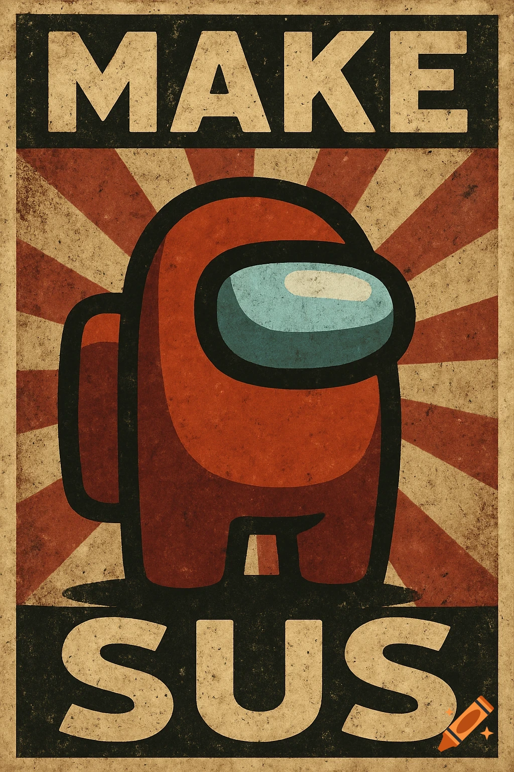 A distressed poster features a red Among Us character with the words ...