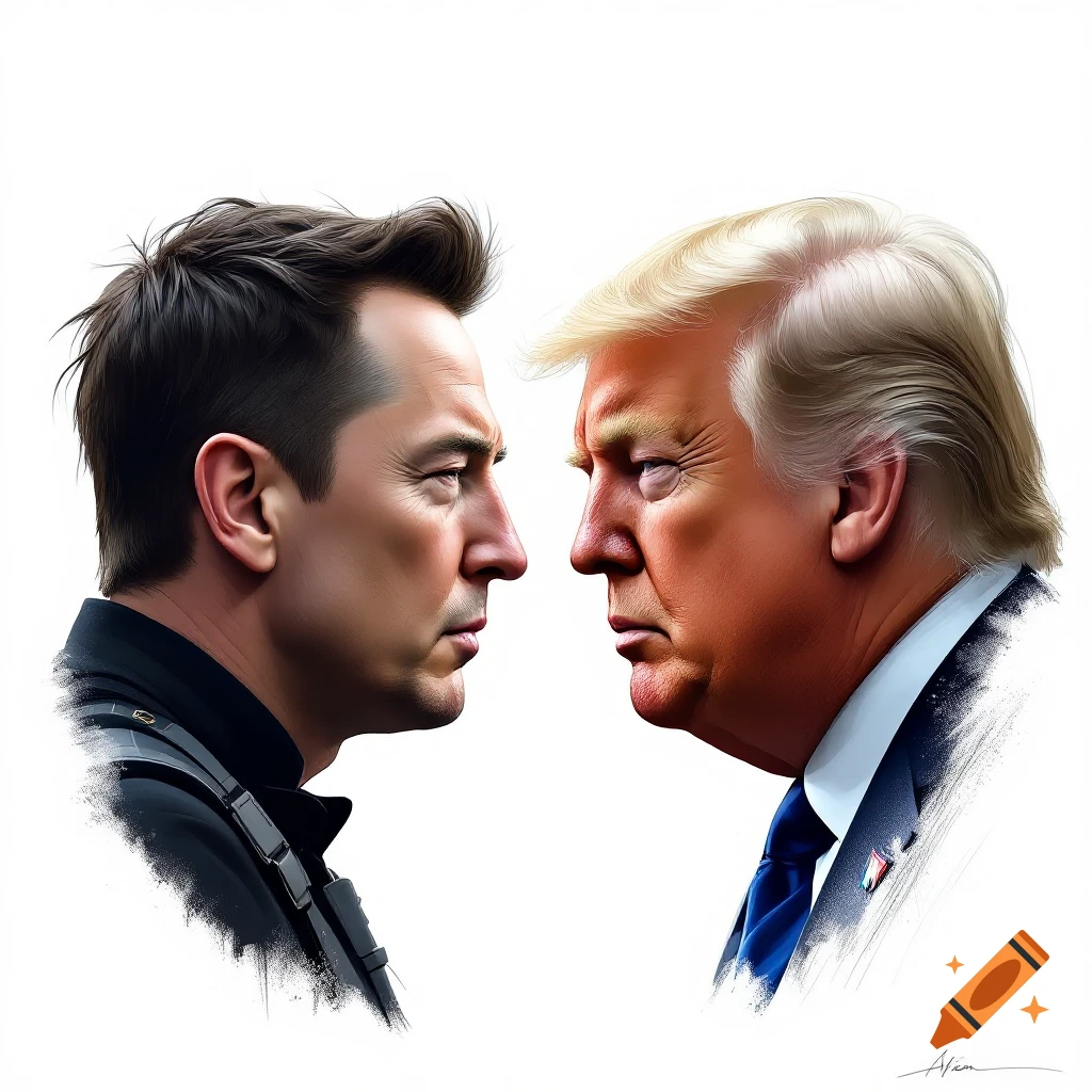 Digital art portraits of Elon Musk and Donald Trump facing each other ...