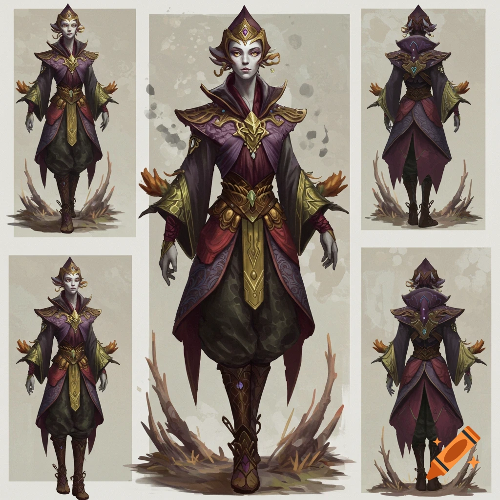 Fantasy character concept art of a figure in elaborate purple, red, and ...
