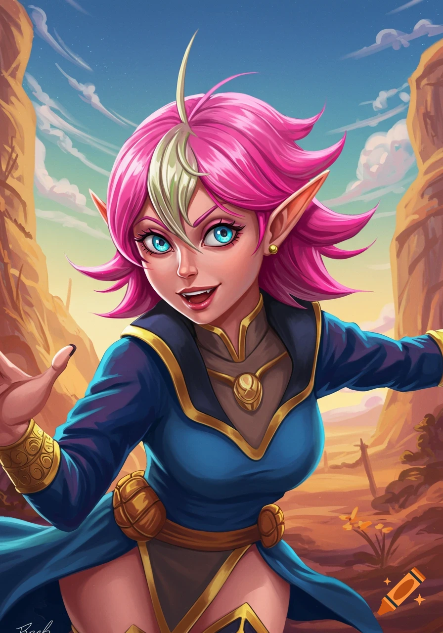 A fantasy character with pink hair and pointed ears in a blue and gold ...