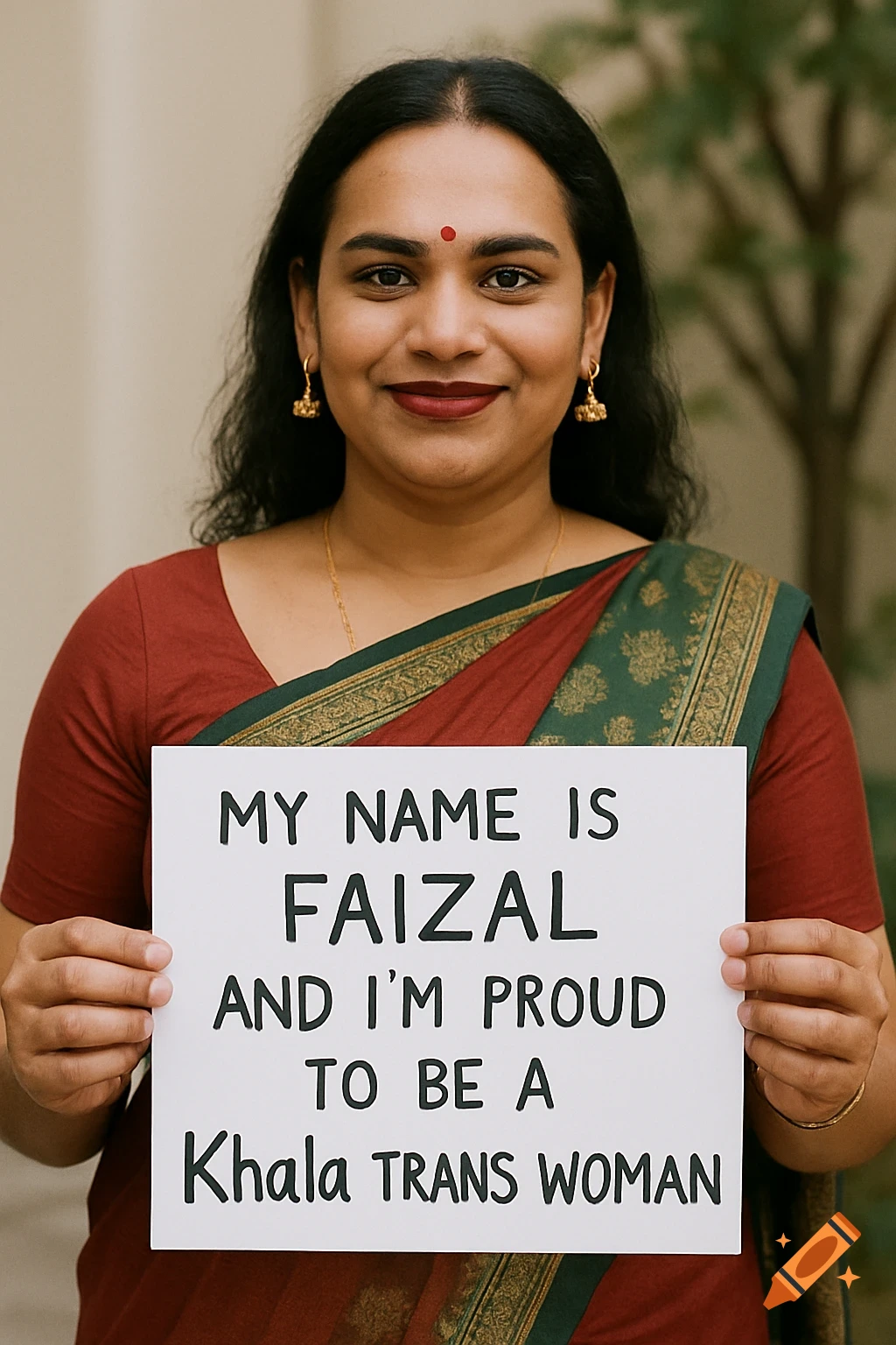 Person in a red and green sari holding a sign that says "MY NAME IS ...