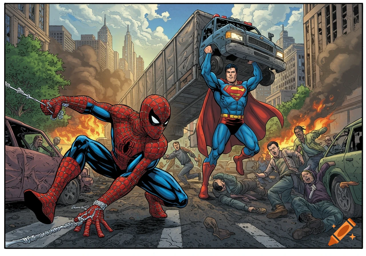 Comic book art of Spider-Man and Superman saving people during chaos in ...