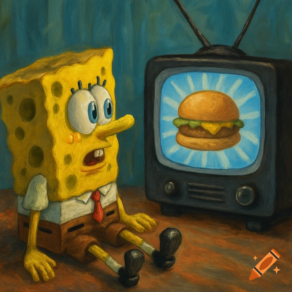SpongeBob Squarepants sits watching a large hamburger on a television ...