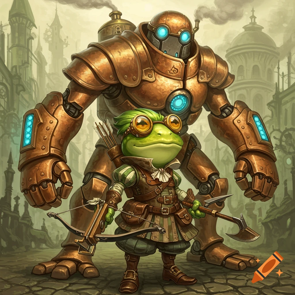 Steampunk frog character with crossbow and large robot guardian in a city. on Craiyon