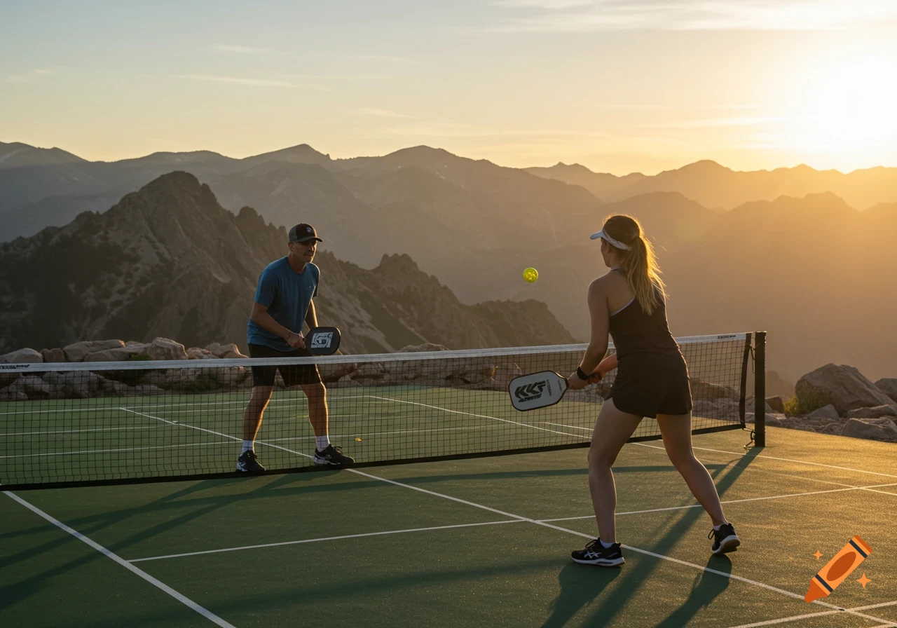 Two people play pickleball on an outdoor court with a mountain view at ...