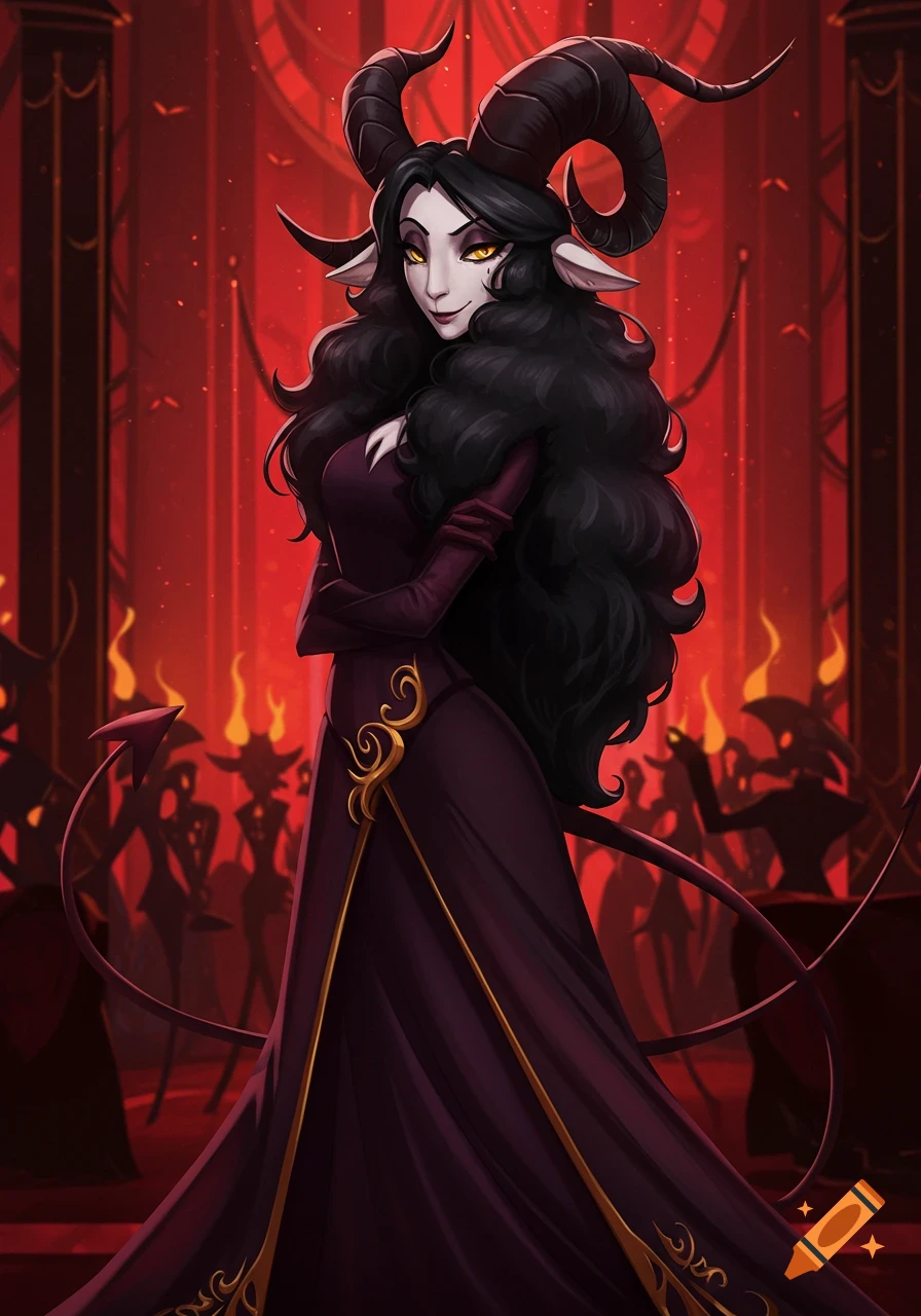 A tall demon character with horns and a tail in a purple dress stands ...