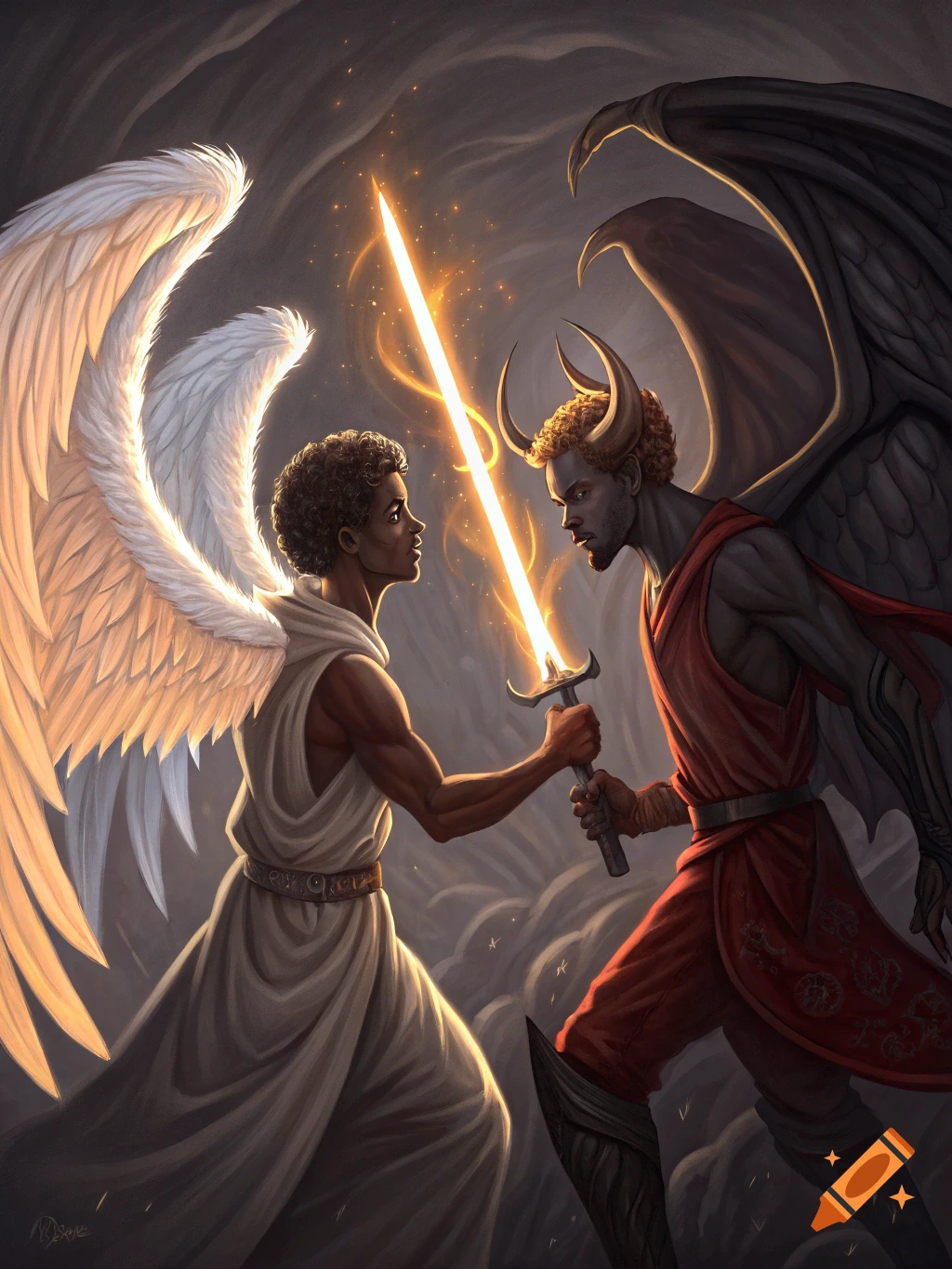 Fantasy illustration of an angel and demon fighting with a glowing ...