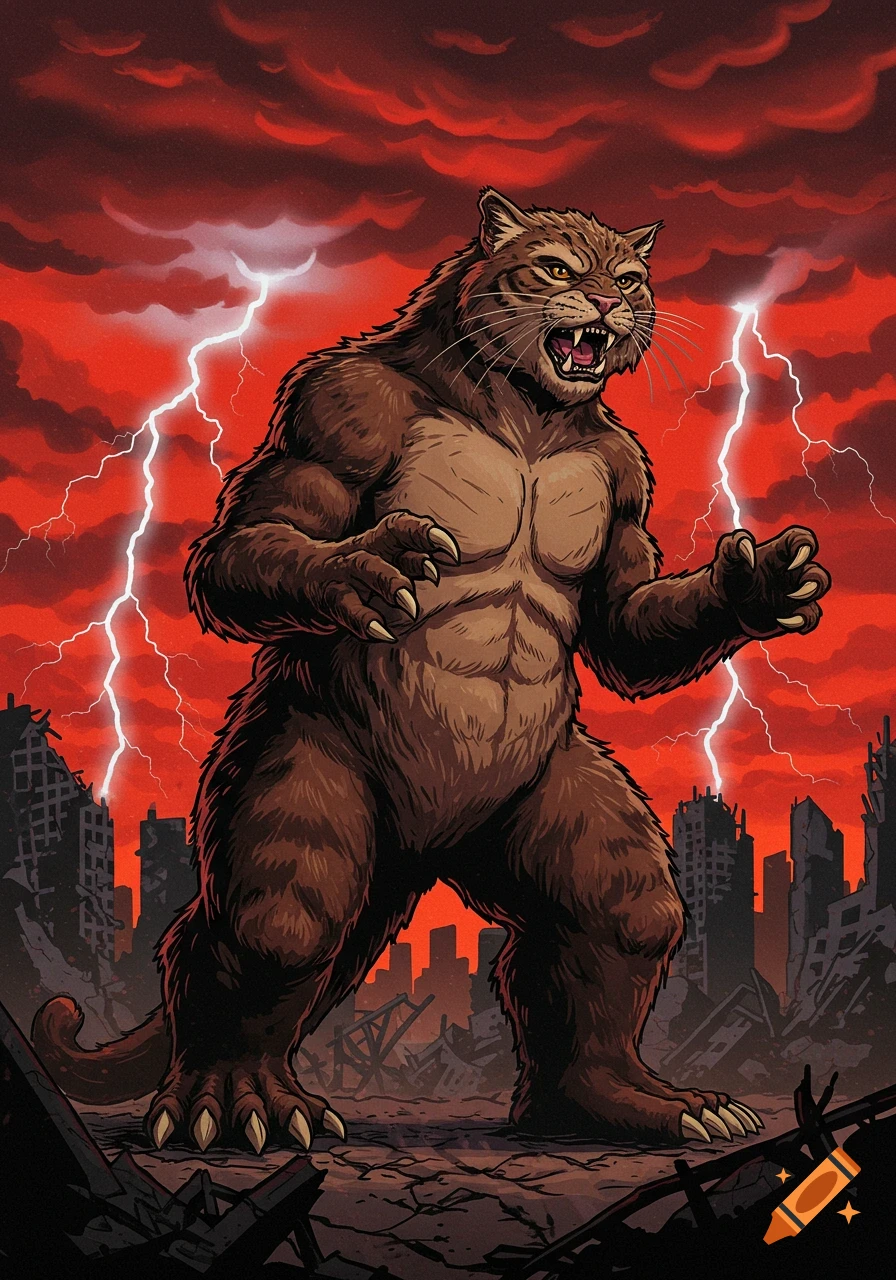 Illustration of a giant cat monster standing in a ruined city under a red, stormy sky with ...