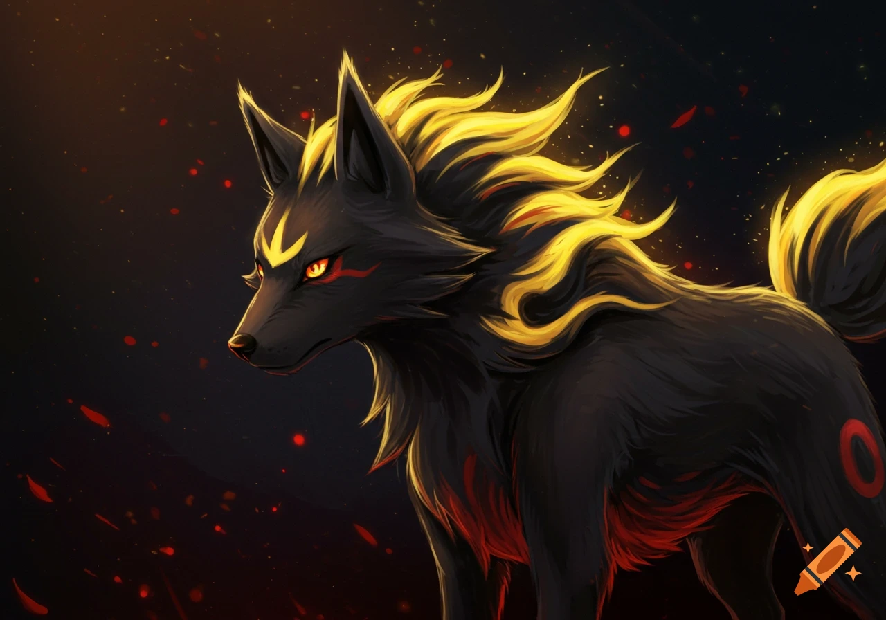 Stylized illustration of a black wolf-like Pokémon with glowing yellow ...