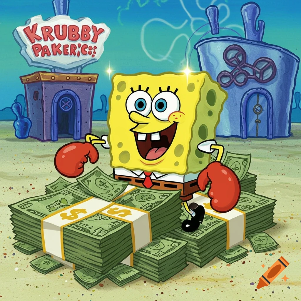 Spongebob in boxing gloves sits on piles of cash in a cartoon style on ...
