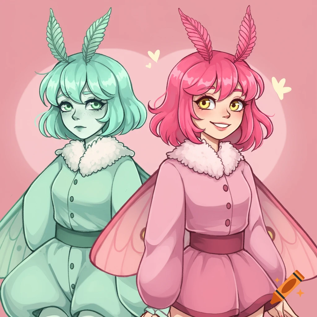 Anime style illustration of two moth girls, one with mint hair and ...
