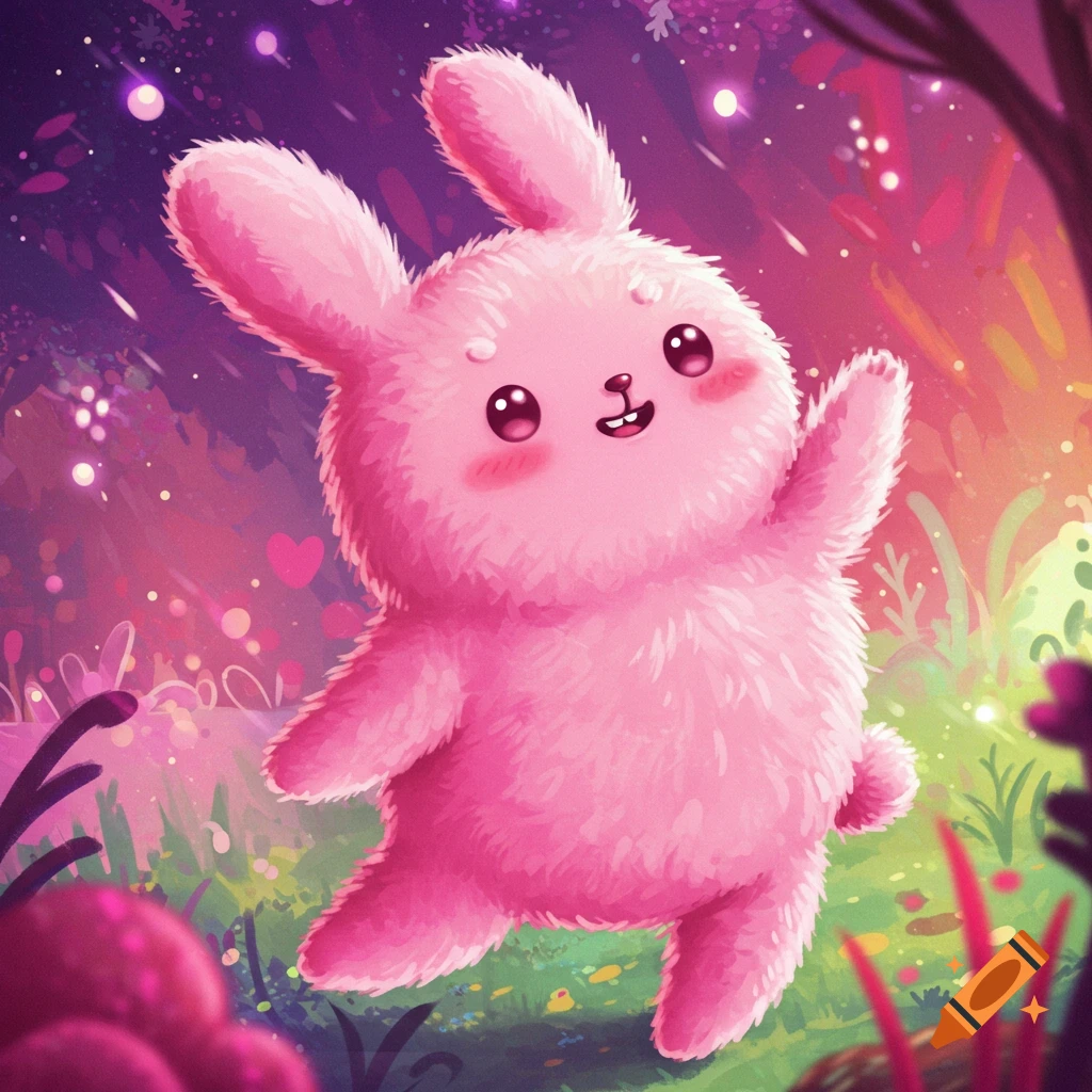 A fluffy pink bunny with big eyes waves in a magical forest. on Craiyon