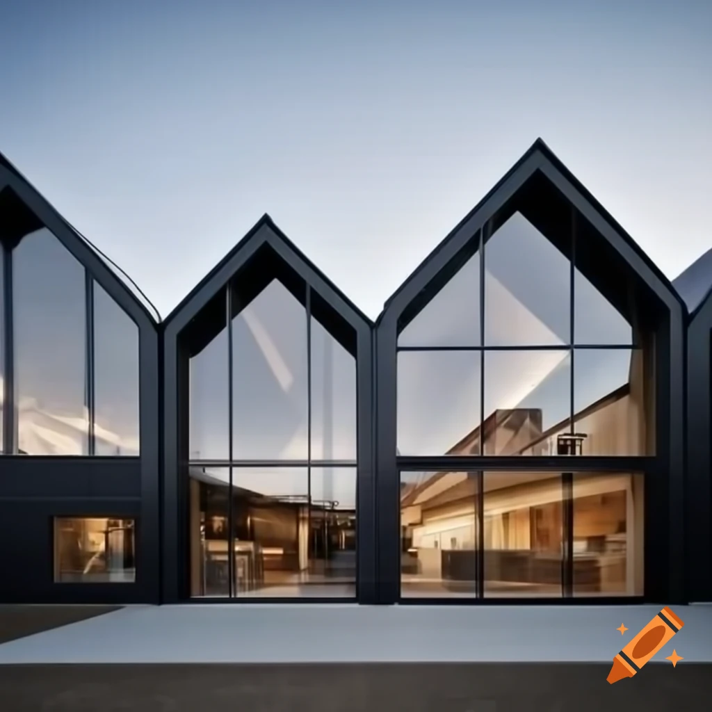 Elevation of gable end buildings with glass and timber fins in boat ...