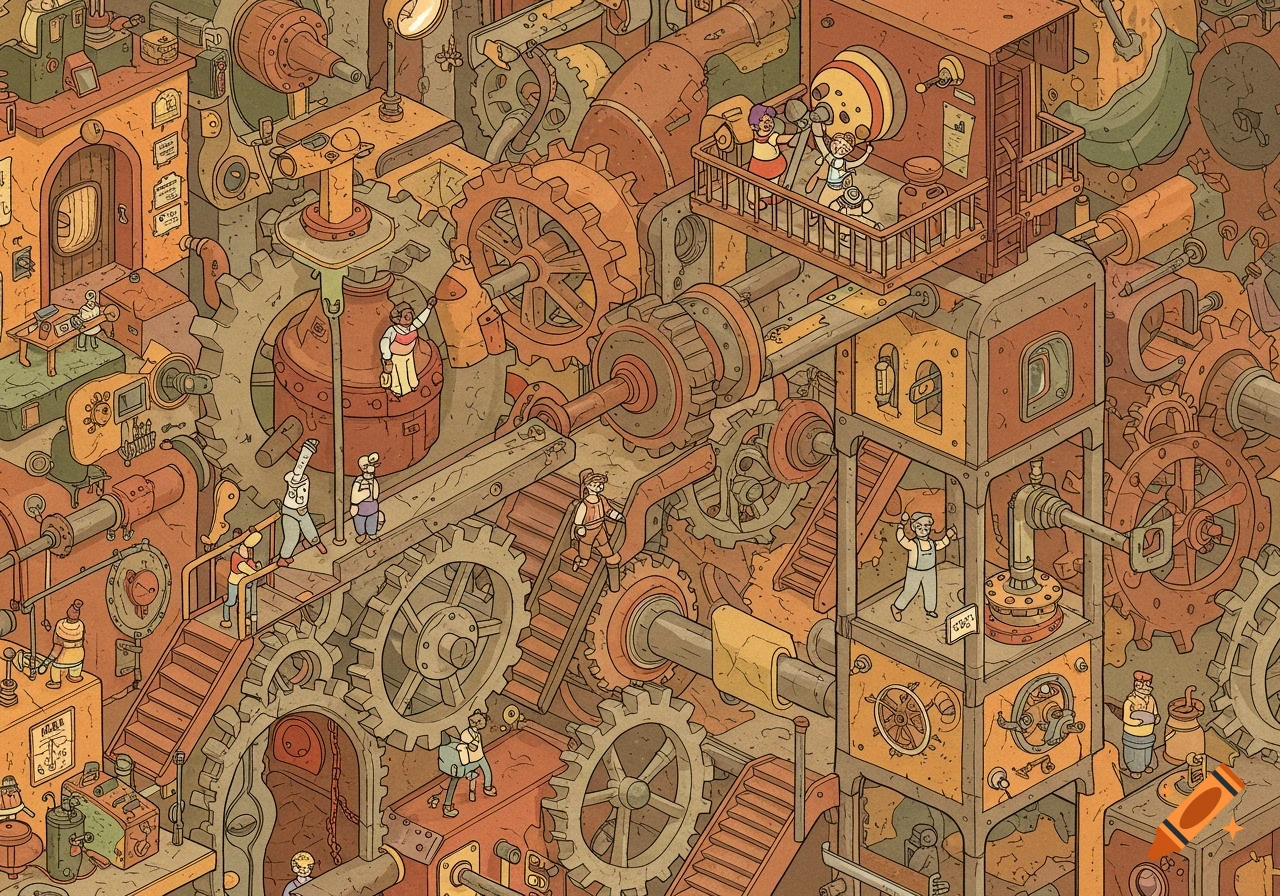 Cartoon illustration of small humans working within a massive, complex ...
