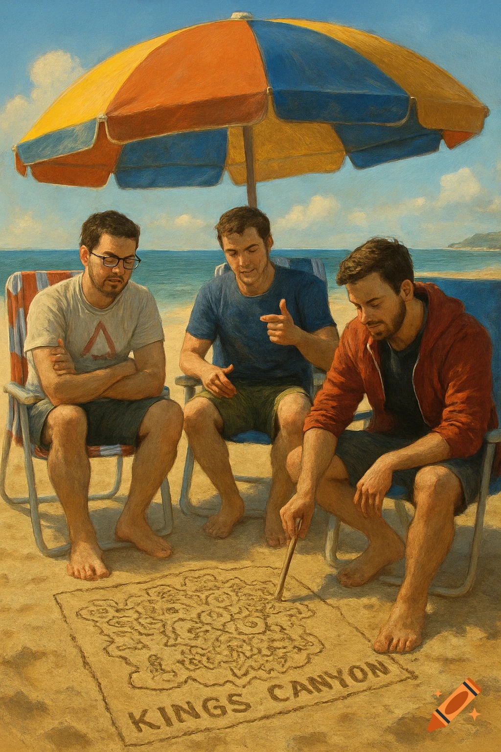 Three men on a beach drawing an Apex Legends Kings Canyon map in the ...