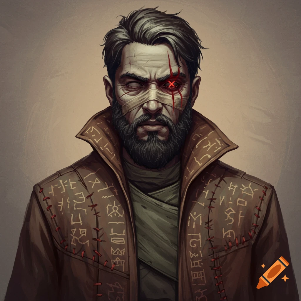 Illustrated portrait of a bearded man with a scar, bandaged eye, and a ...