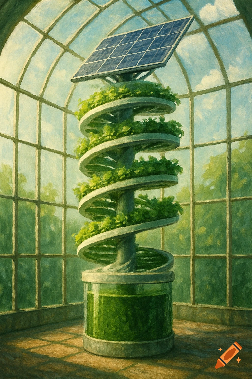 A painterly image of a spiral vertical hydroponic system with a solar ...